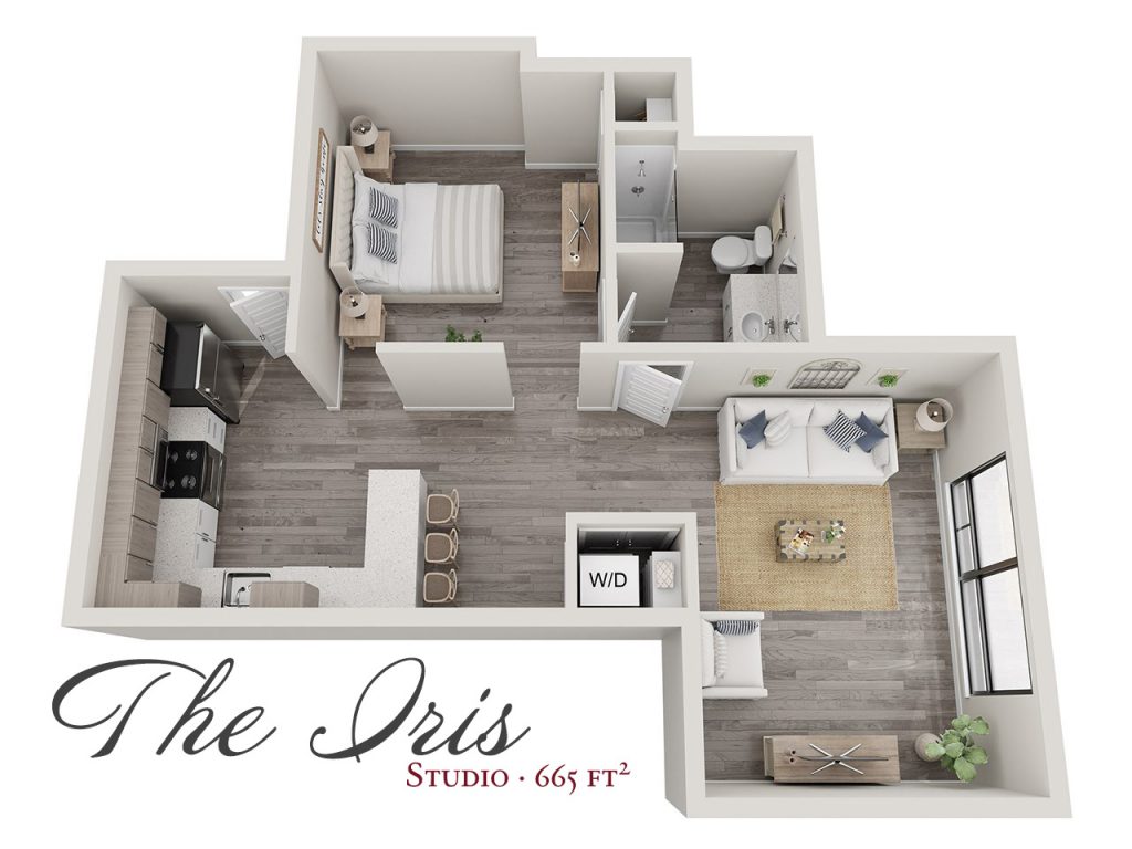 Eden Tower Apartments – Reno NV – 3D Floor Plan – Studio – The Iris – Kromer Investments